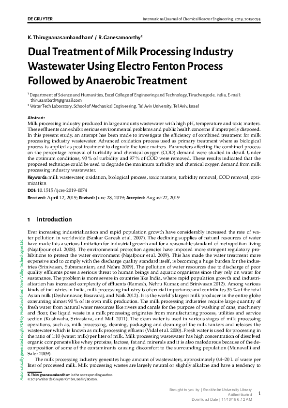 (PDF) Dual Treatment of Milk Processing Industry Wastewater Using ...