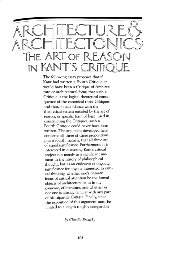 (PDF) Architecture and Architectonics 'The Art of Reason' in Kant's Critique (1988)
