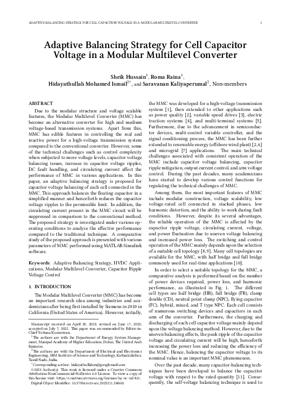 (PDF) Adaptive Balancing Strategy for Cell Capacitor Voltage in a Modular Multilevel Converter