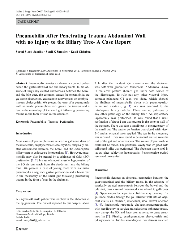 (PDF) Pneumobilia After Penetrating Trauma Abdominal Wall with no ...