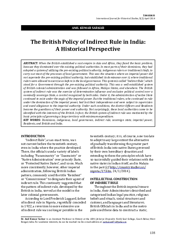 (PDF) The British Policy of Indirect Rule in India: A Historical ...