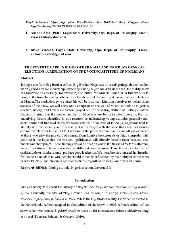 (PDF) The Poverty Card in Big Brother Naija and Nigeria’s General Elections: A Reflection on the ...