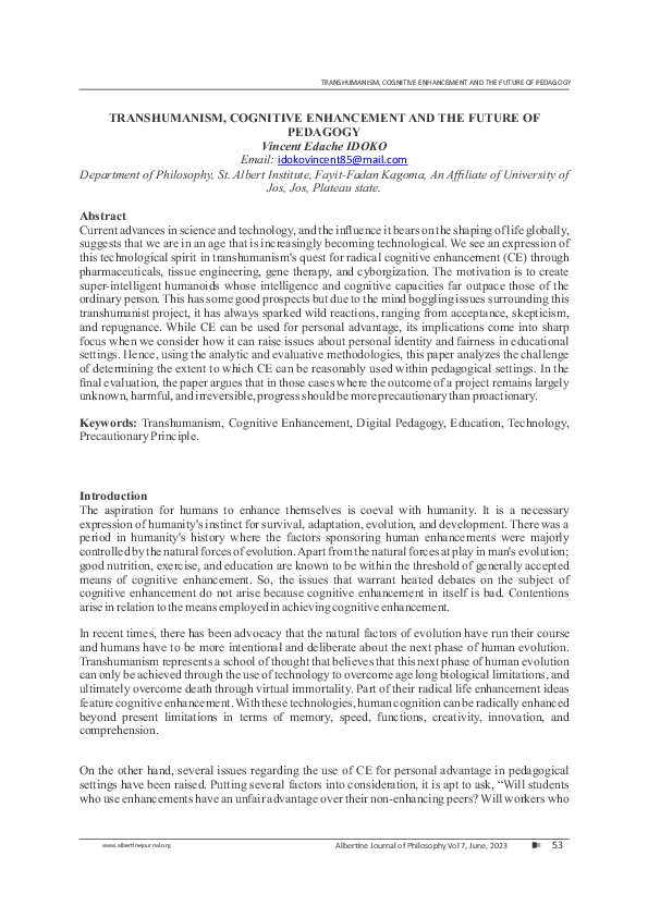 (PDF) TRANSHUMANISM, COGNITIVE ENHANCEMENT AND THE FUTURE OF PEDAGOGY