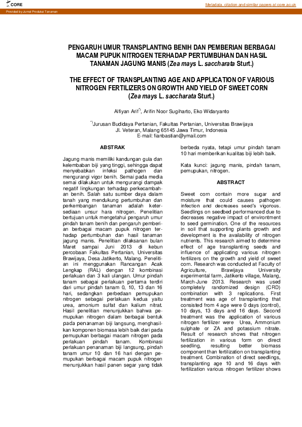 (PDF) PENGARUH UMUR TRANSPLANTING BENIH DAN PEMBERIAN BERBAGAI MACAM PUPUK NITROGEN TERHADAP ...
