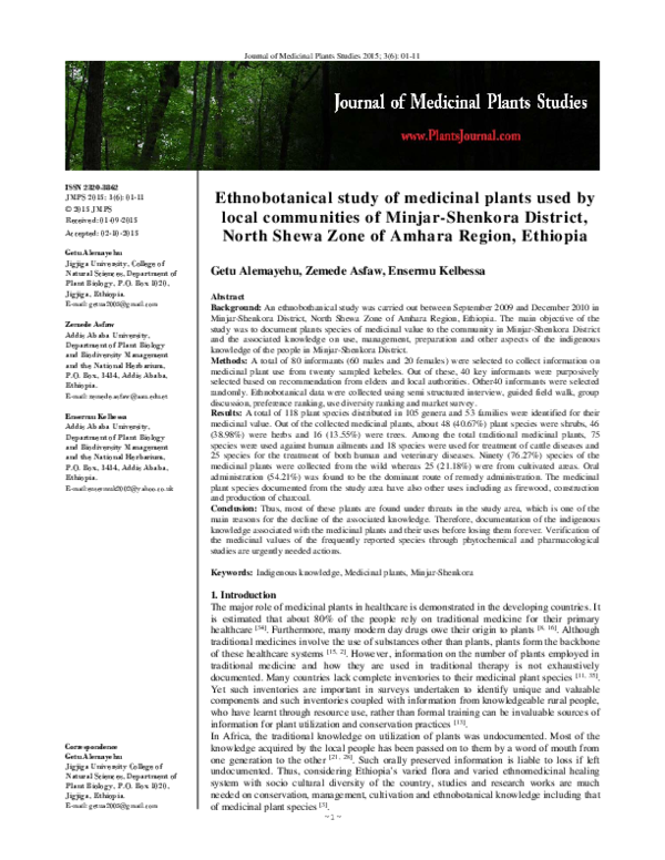 (PDF) Ethnobotanical study of medicinal plants used by local communities of Minjar-Shenkora ...