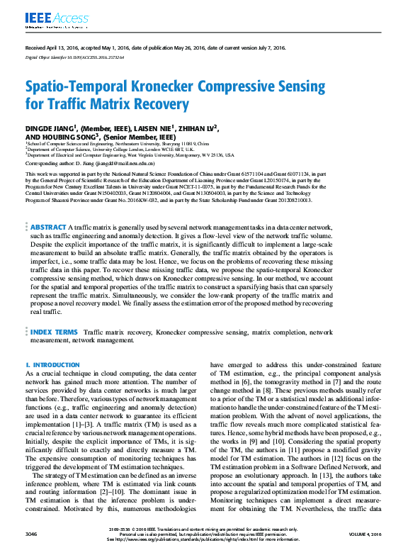 (PDF) Spatio-Temporal Kronecker Compressive Sensing for Traffic Matrix Recovery | Dingde Jiang ...