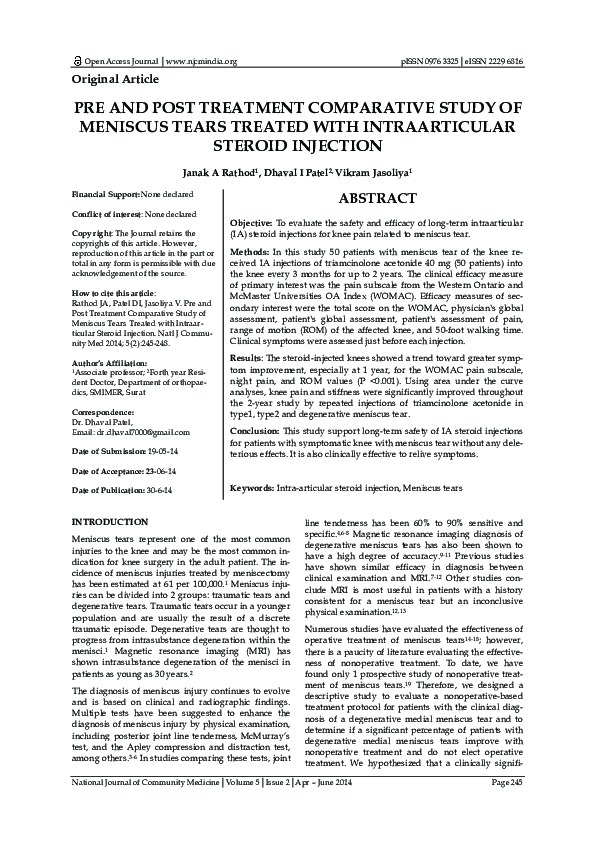 (PDF) PRE AND POST TREATMENT COMPARATIVE STUDY OF MENISCUS TEARS ...