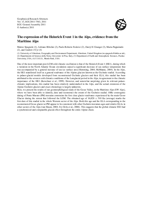 (PDF) The expression of the Heinrich Event 1 in the Alps, evidence from ...