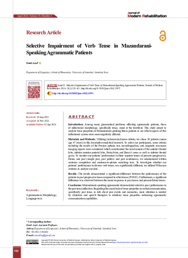 (PDF) Selective Impairment of Verb Tense in Mazandarani-Speaking ...