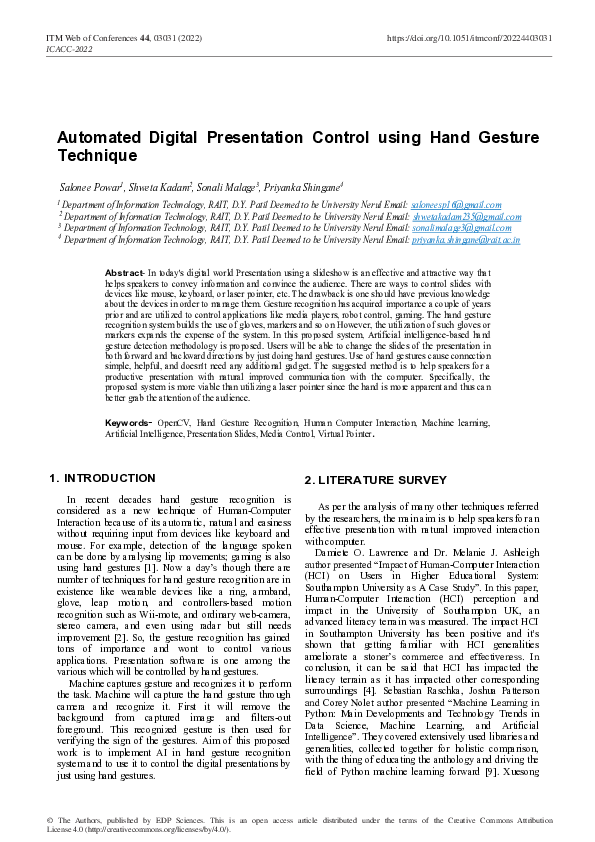 (PDF) Automated Digital Presentation Control using Hand Gesture Technique