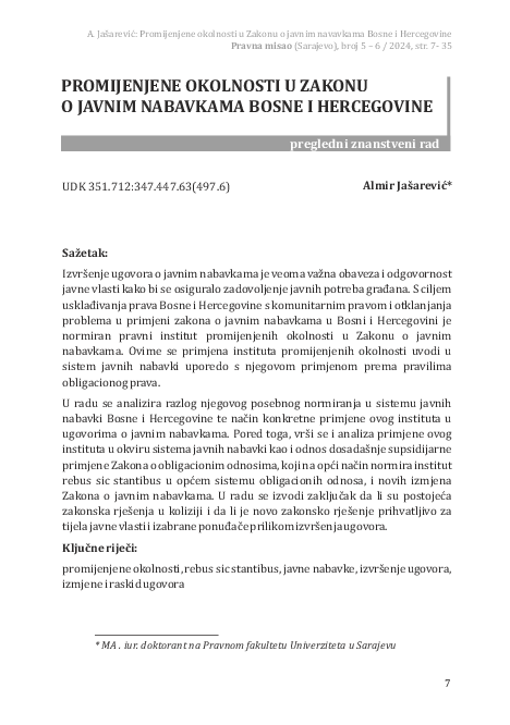 (PDF) Promijenjene okolnosti u Zakonu o javnim nabavkama Bosne i Hercegovine