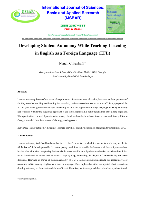 (PDF) Developing Student Autonomy While Teaching Listening in English as a Foreign Language (EFL)