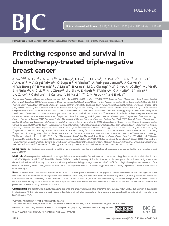 (PDF) Predicting response and survival in chemotherapy-treated triple-negative breast cancer