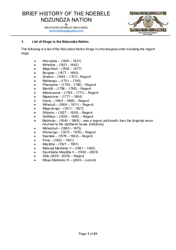 (PDF) BRIEF HISTORY OF THE NDEBELE NDZUNDZA NATION