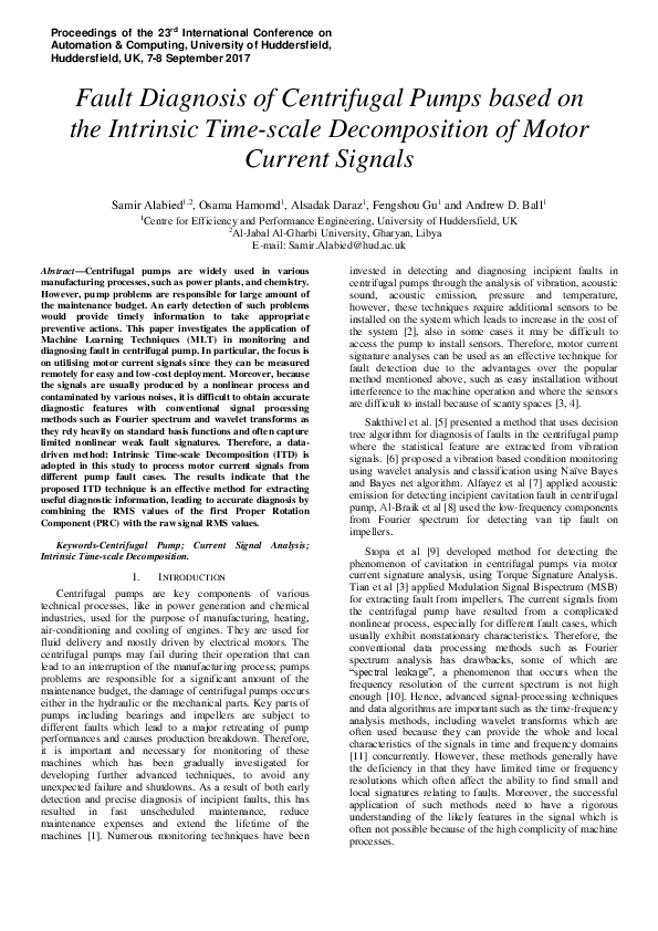 Pdf Fault Diagnosis Of Centrifugal Pumps Based On The Intrinsic Time