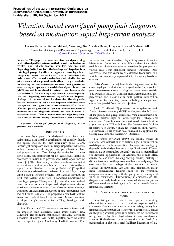 (PDF) Vibration based centrifugal pump fault diagnosis based on modulation signal bispectrum ...