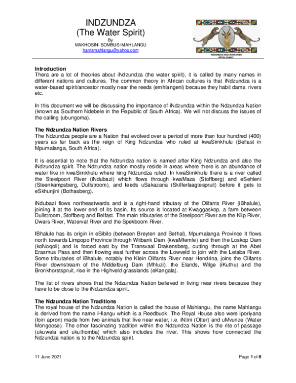 (PDF) INDZUNDZA (The Water Spirit)