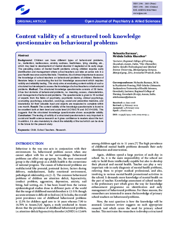 (PDF) Content validity of a structured tool: knowledge questionnaire on ...