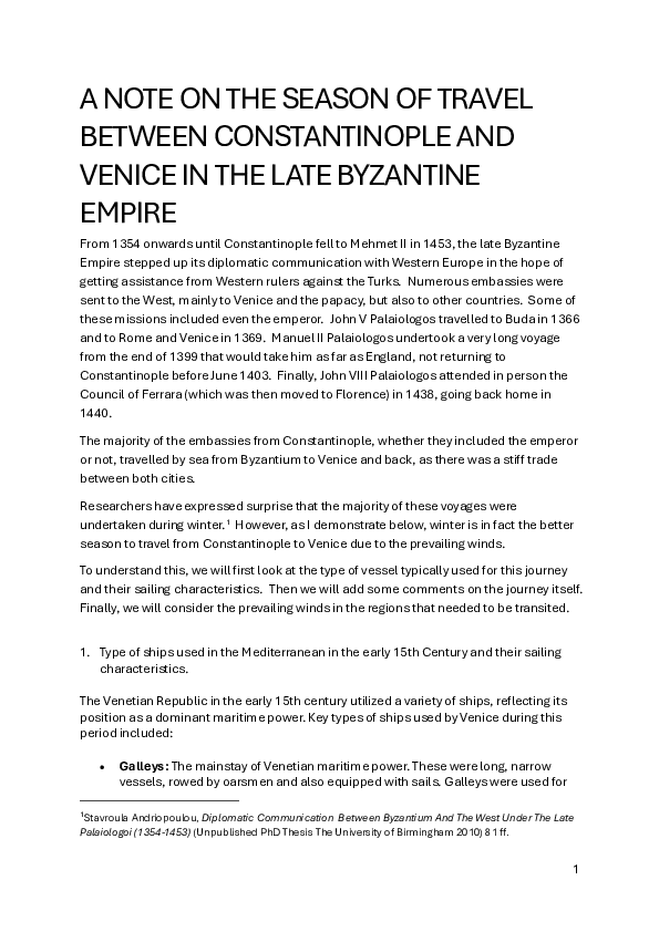(PDF) A NOTE ON THE SEASON OF TRAVEL BETWEEN CONSTANTINOPLE AND VENICE ...