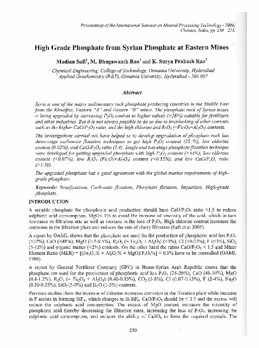 (PDF) High Grade Phosphate from Syrian Phosphate at Eastern Mines