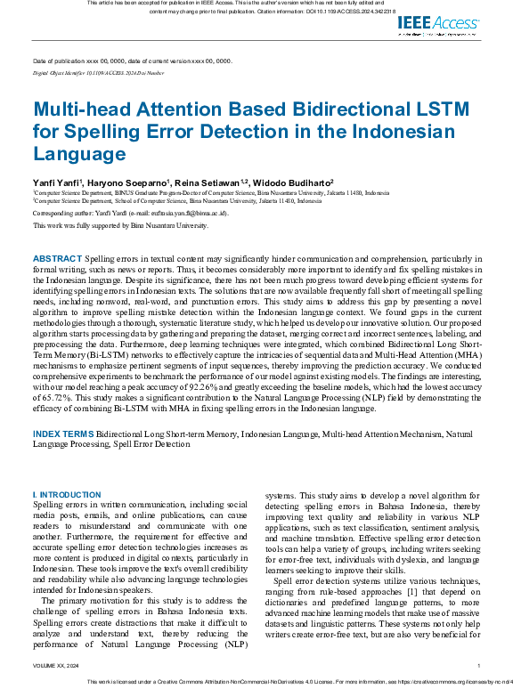 Pdf Multi Head Attention Based Bidirectional Lstm For Spelling Error