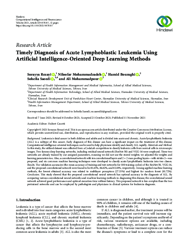 (PDF) Timely Diagnosis of Acute Lymphoblastic Leukemia Using Artificial Intelligence-Oriented ...