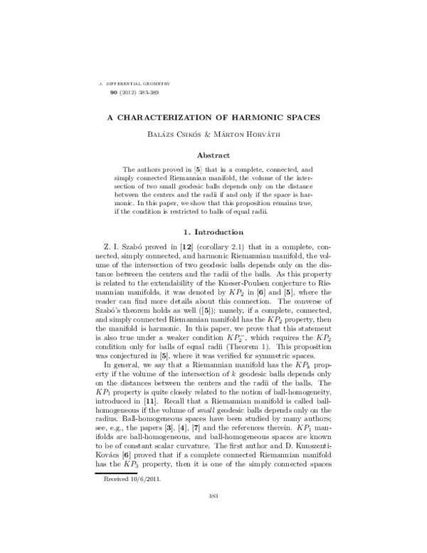 (PDF) A Characterization of harmonic spaces