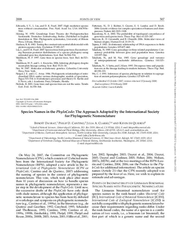 (PDF) Species Names in the PhyloCode: The Approach Adopted by the ...