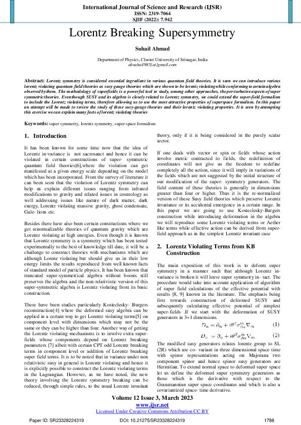 (PDF) Licensed Under Creative Commons Attribution CC BY Lorentz Breaking Supersymmetry