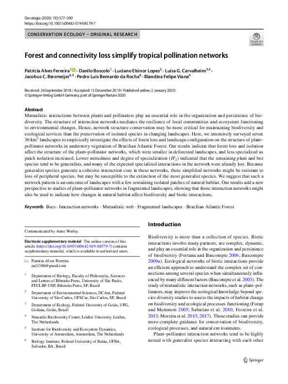 (PDF) Forest and connectivity loss simplify tropical pollination networks
