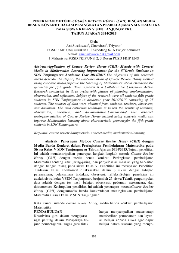 (PDF) Penerapan Metode Course Review Horay (CRH)Dengan Media Benda ...