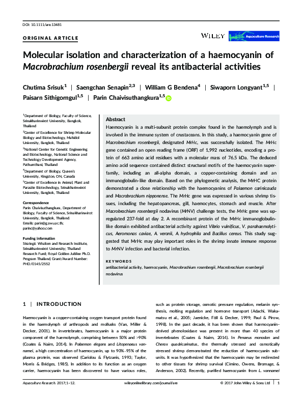 (PDF) Molecular isolation and characterization of a haemocyanin ...