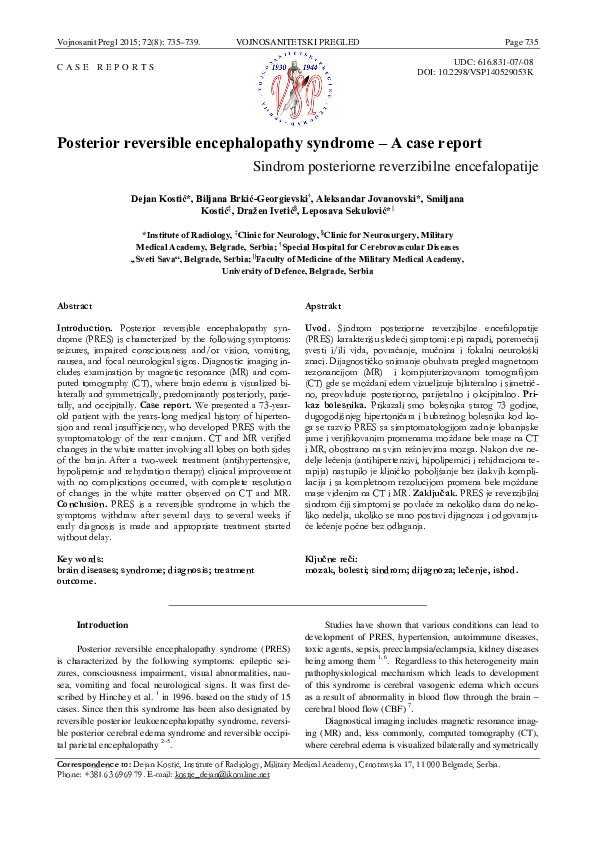 (PDF) Posterior reversible encephalopathy syndrome: A case report