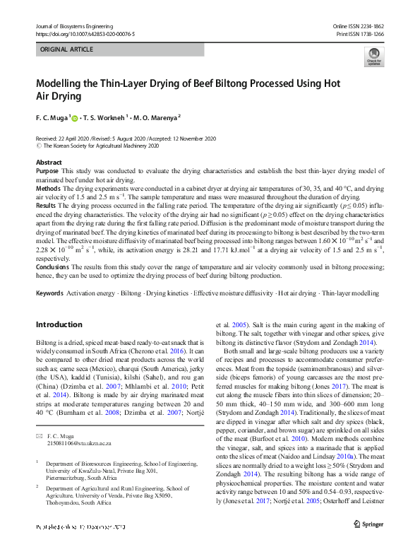 (PDF) Modelling the Thin-Layer Drying of Beef Biltong Processed Using ...