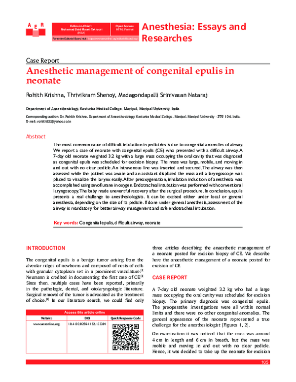 (PDF) Anesthetic management of congenital epulis in neonate