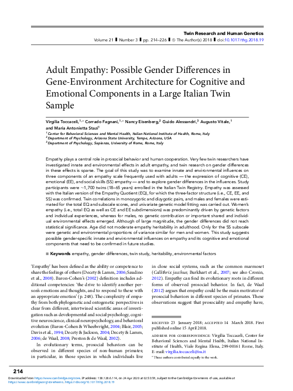 (PDF) Adult Empathy: Possible Gender Differences in Gene-Environment ...