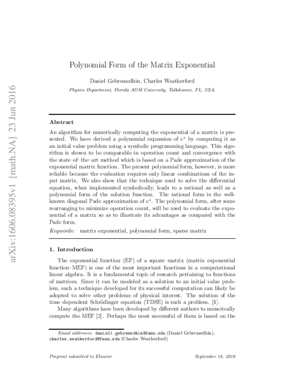 (PDF) Polynomial Form of the Matrix Exponential