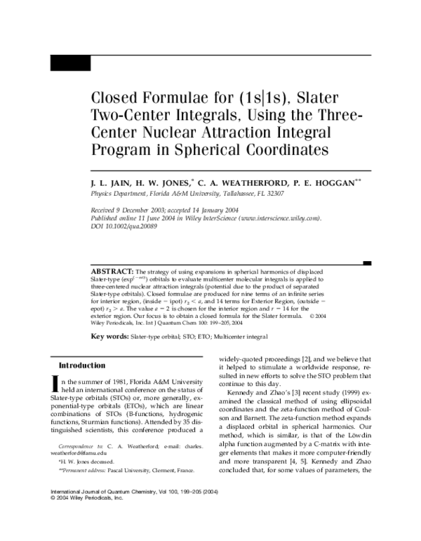 (PDF) Closed formulae for (1s|1s), Slater two-center integrals, using ...