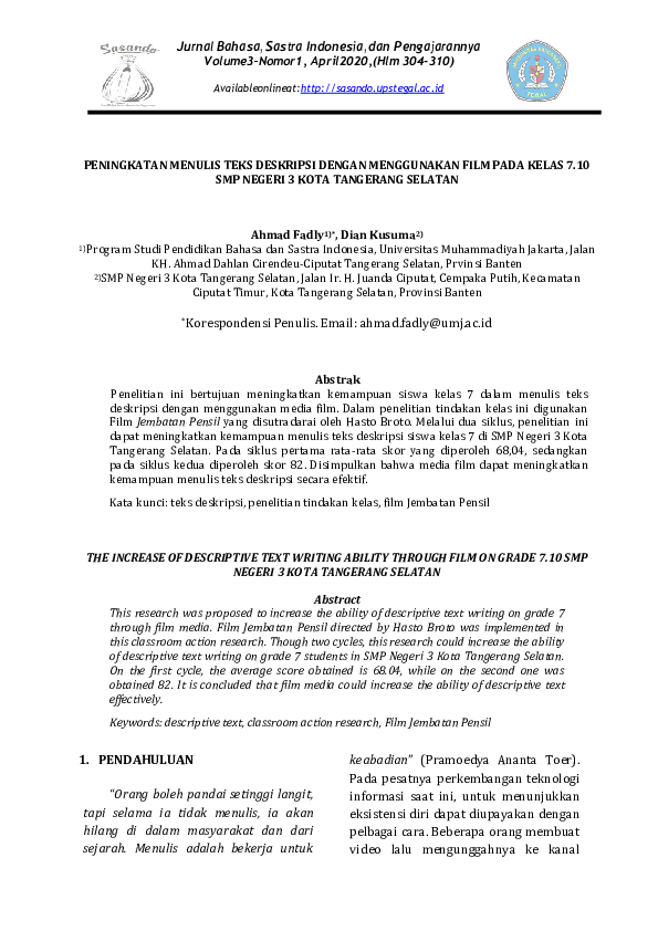 (PDF) Peningkatan Menulis Teks Deskripsi dengan Menggunakan Film pada ...