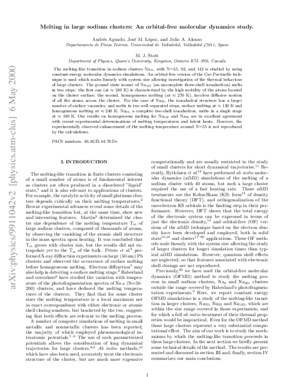 (PDF) Melting in large sodium clusters: An orbital-free molecular ...