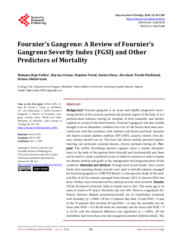 (PDF) Fournier's Gangrene: A Review of Fournier's Gangrene Severity ...