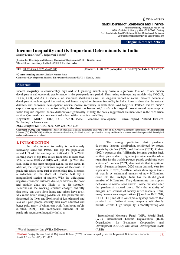 (PDF) Income Inequality and its Important Determinants in India