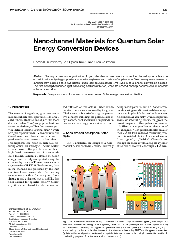 (PDF) Nanochannel Materials for Quantum Solar Energy Conversion Devices