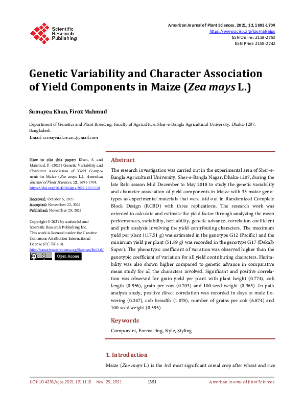 (PDF) Genetic Variability and Character Association of Yield Components in Maize ( Zea mays L ...