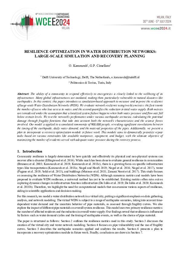 (PDF) RESILIENCE OPTIMIZATION IN WATER DISTRIBUTION NETWORKS: LARGE-SCALE SIMULATION AND ...