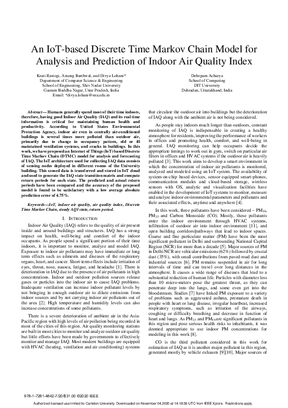 (PDF) An IoT-based Discrete Time Markov Chain Model for Analysis and Prediction of Indoor Air ...