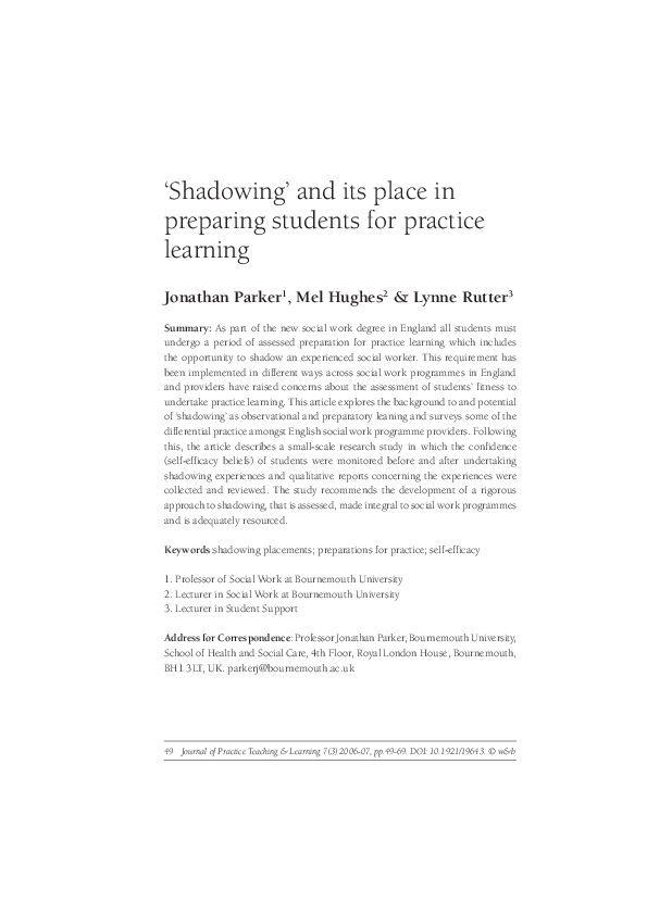 (PDF) ‘Shadowing’ and its place in preparing students for practice learning