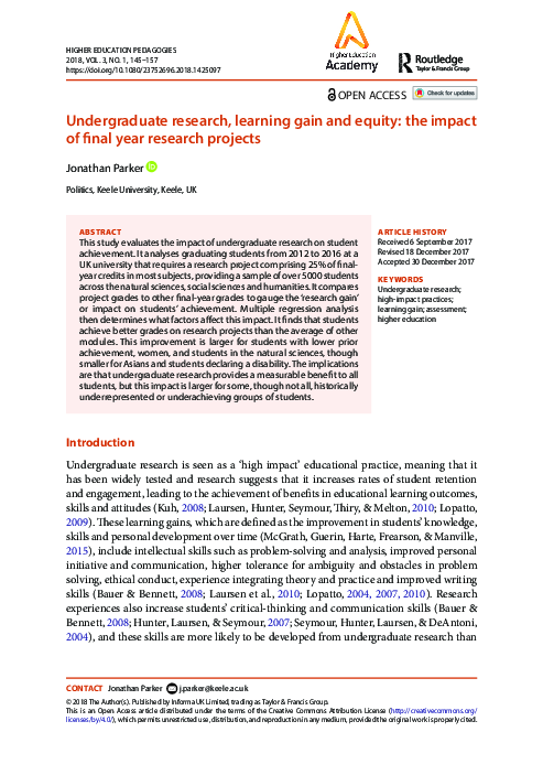 (PDF) Equity in Undergraduate Research Projects Impact