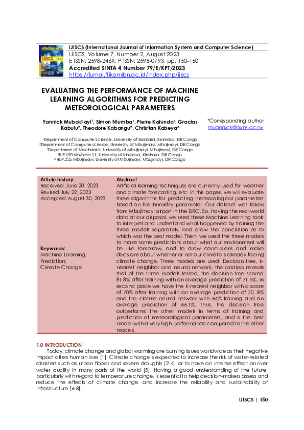 (PDF) Evaluating the Performance of Machine Learning Algorithms for Predicting Meteorological ...