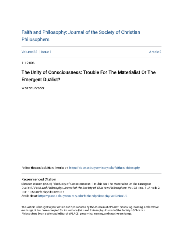 (PDF) The Unity of Consciousness